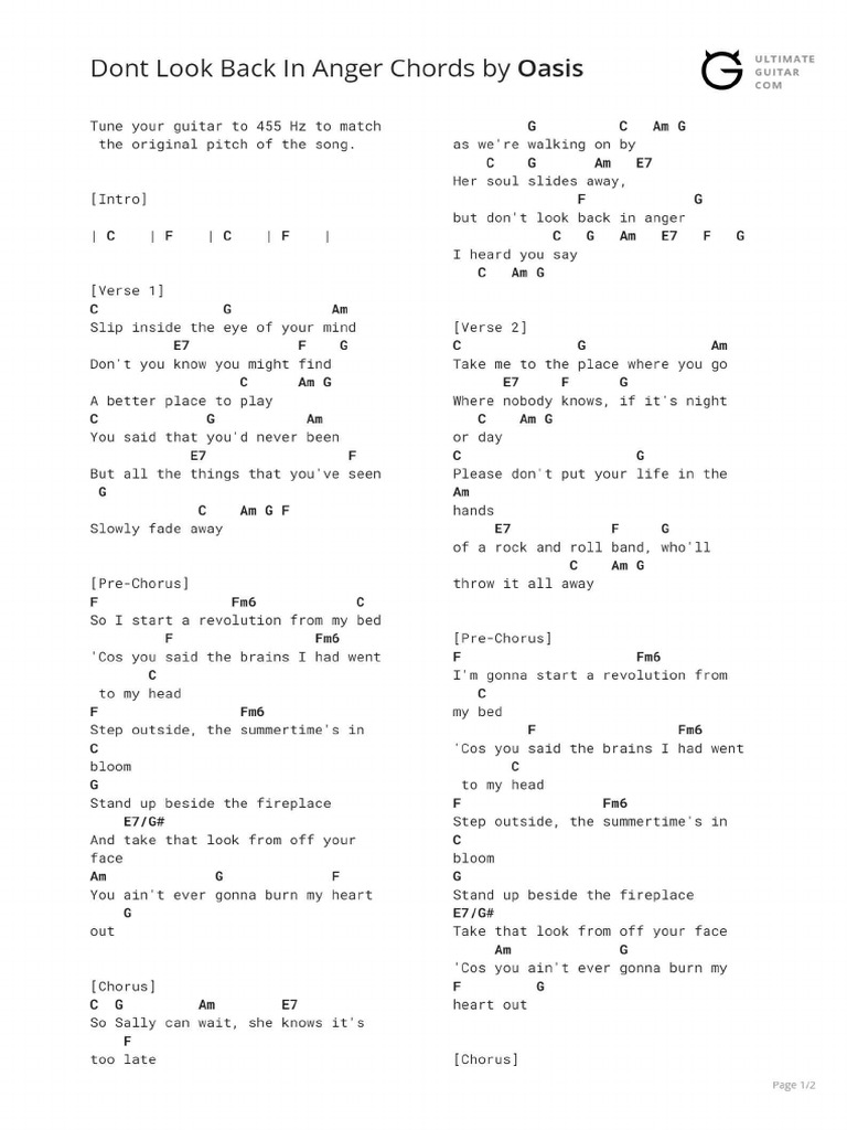 Dont Look Back in Anger Chords | PDF