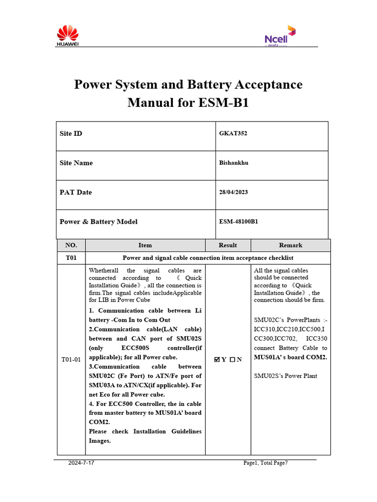 Power System and Battery Acceptance Manual For LIB FCB Battery, GKAT352 ...
