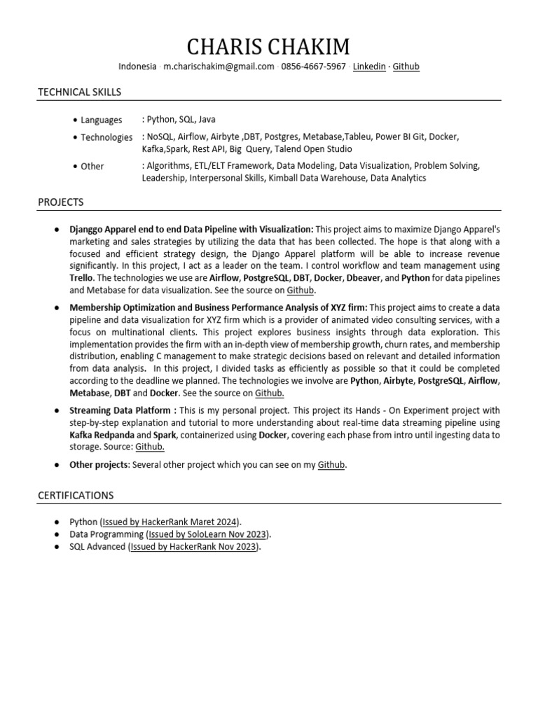 Charis Chakim DevOps Engineer Resume | PDF | Postgre Sql | Apache Spark Charis Chakim DevOps Engineer Resume | PDF | Postgre Sql | Apache Spark