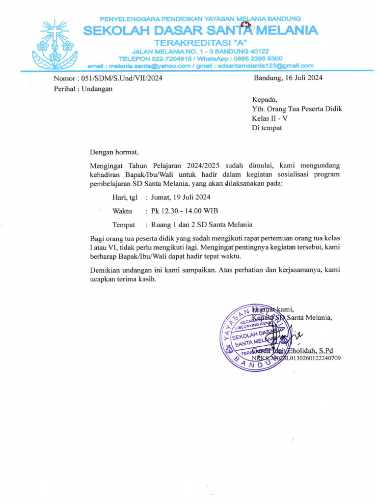Surat Undangan Rapat Pertemuan Ortu Kelas II-V | PDF