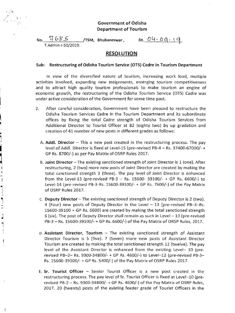 Resolution On Restructuring of Odisha Tourism Service (OTS) Cadre in ...