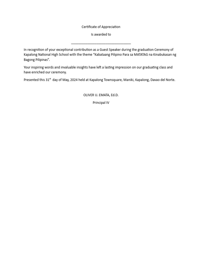Certificate of Appreciation for Guest Speaker | PDF