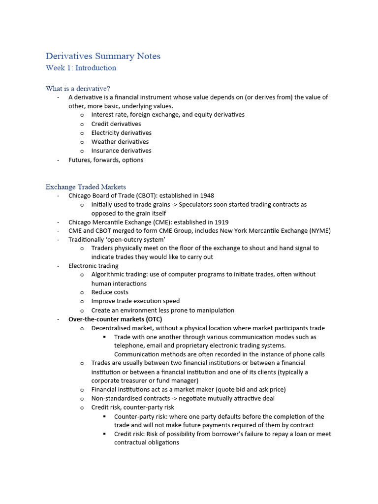 Derivatives Summary Notes | PDF | Option (Finance) | Futures Contract