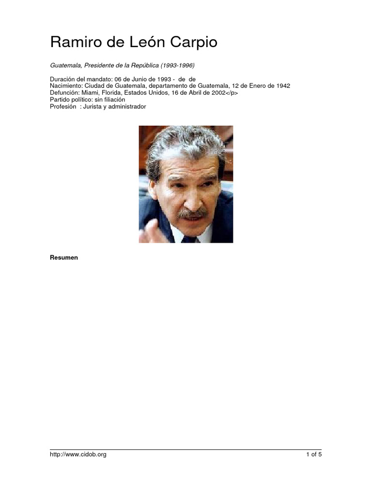 Ramiro de León Carpio: Guatemala, Presidente de La República (1993-1996) | PDF | Guatemala ...