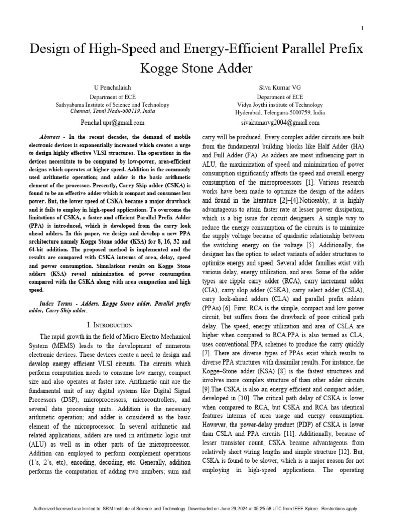 Design of High-Speed and Energy-Efficient Parallel Prefix Kogge Stone Adder | PDF | Central ...