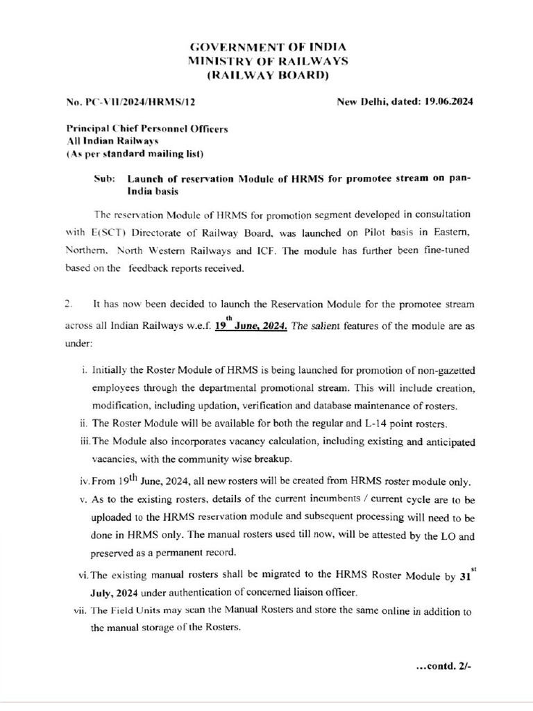 Launch of Reservation Module of HRMS - RB | PDF
