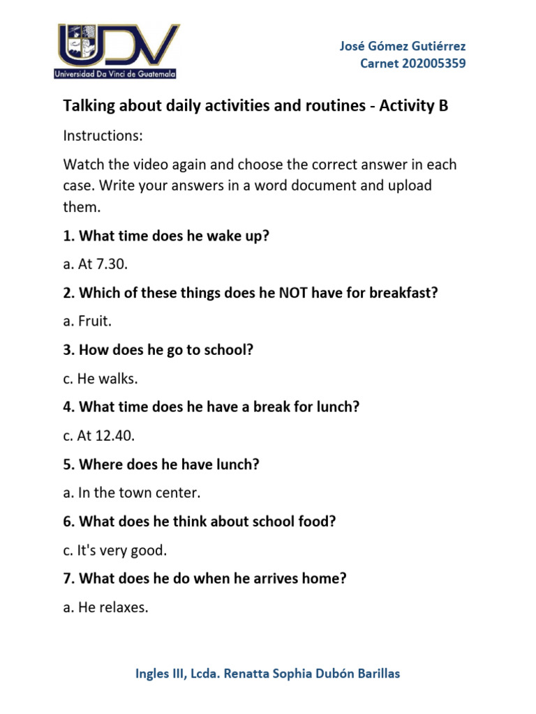 Talking About Daily Activities and Routines - Activity B | PDF