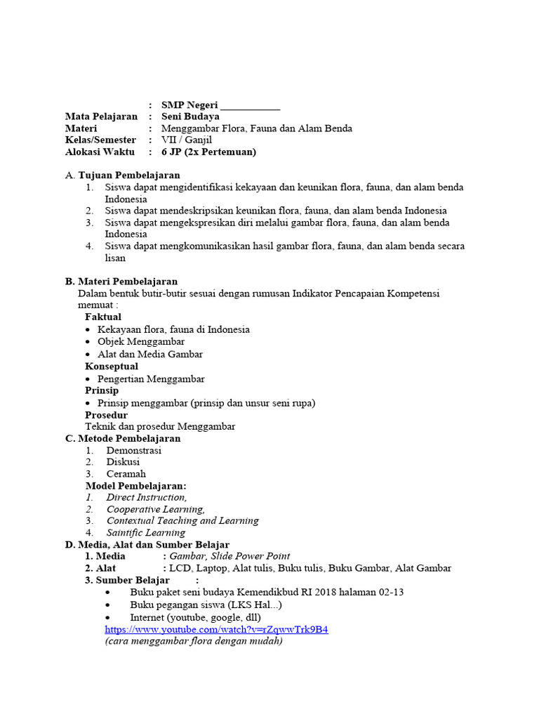RPP Seni Rupa Menggambar Flora, Fauna dan Alam Benda (jadi) | PDF