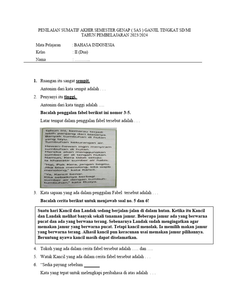 Soal PAS 2 B.Indonesia Kls 2 | PDF | Seni & Disiplin Bahasa