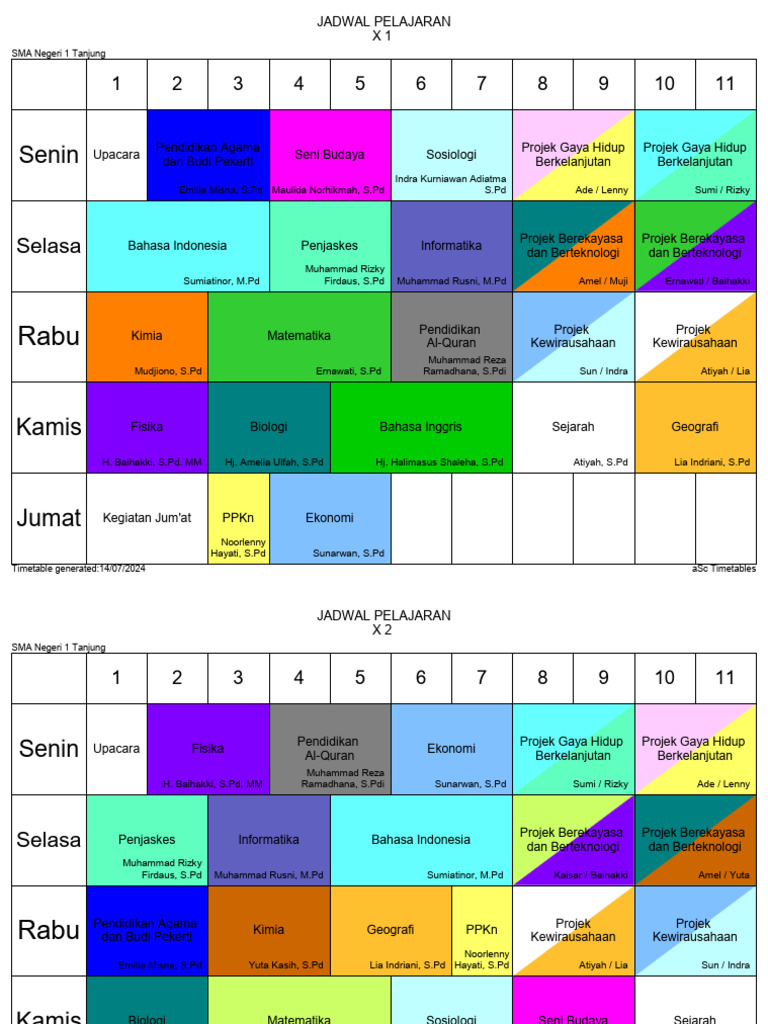 Jadwal Pelajaran Kelas Sem 1 Tp. 2024-2025 | PDF