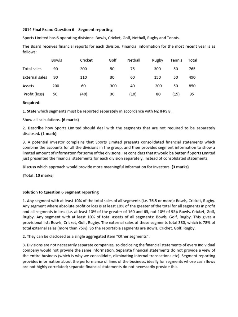 2014 Final Exam question and solution on Segment reporting (1) | Download Free PDF | Financial ...