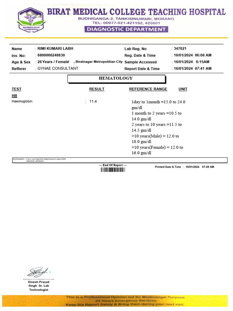Hemoglobin Test Report for Female Patient | PDF | Hematology