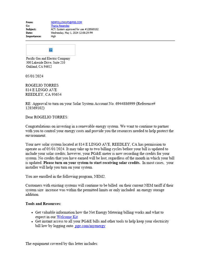 PTO Approval Letter For Rogelio Torres | PDF | Solar Power | Pacific ...