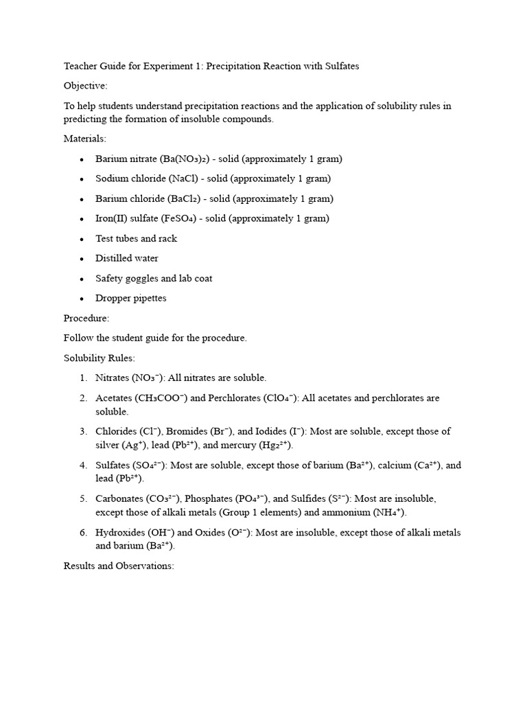 Teacher Guide For Experiment 1 - Precipitation Reaction With Sulfates ...
