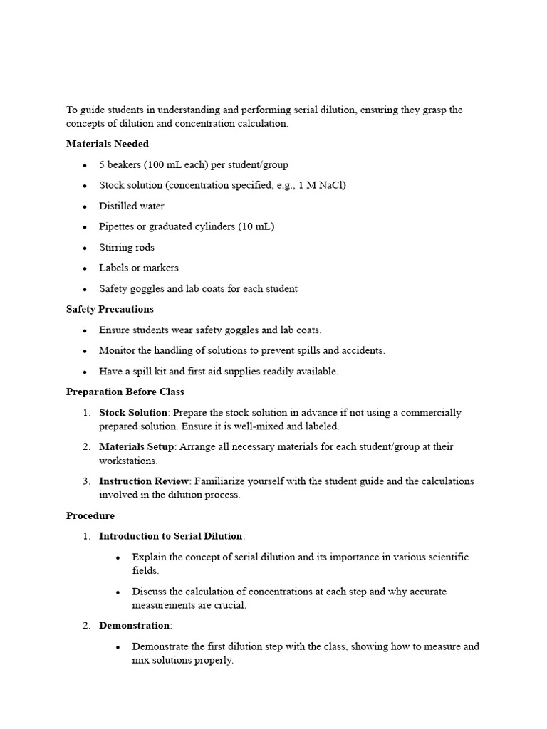 Teacher's Guide For Experiment-Serial Dilution Using Beakers | PDF ...