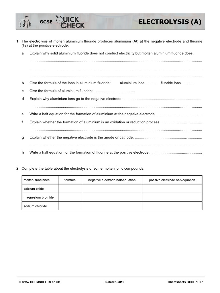Chemsheets GCSE 1327 QC Electrolysis A | PDF