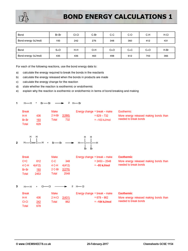 Chemsheets GCSE 1154 Bond Energy Calculations 1 ANS mp830 | PDF ...