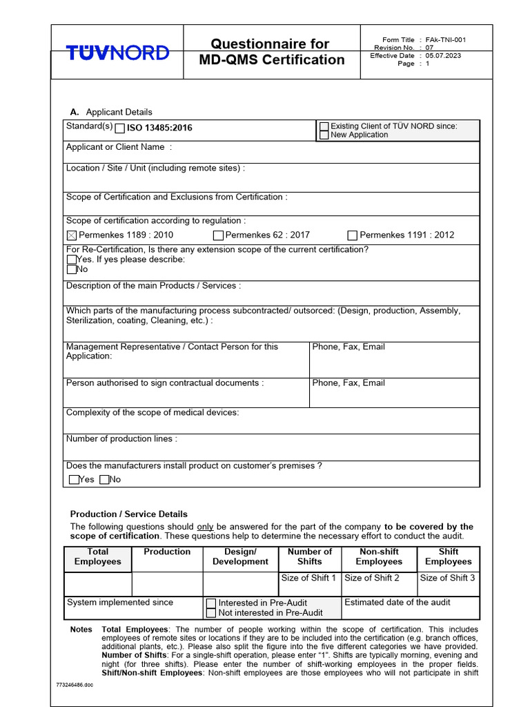 FAk-TNI-001 Rev.07 Questionnaire For MD-QMS Certification | PDF ...