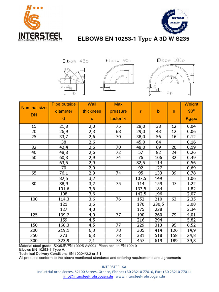 Elbows EN10253 1 Type A 3D W S235 | PDF | Pipe (Fluid Conveyance) | Materials