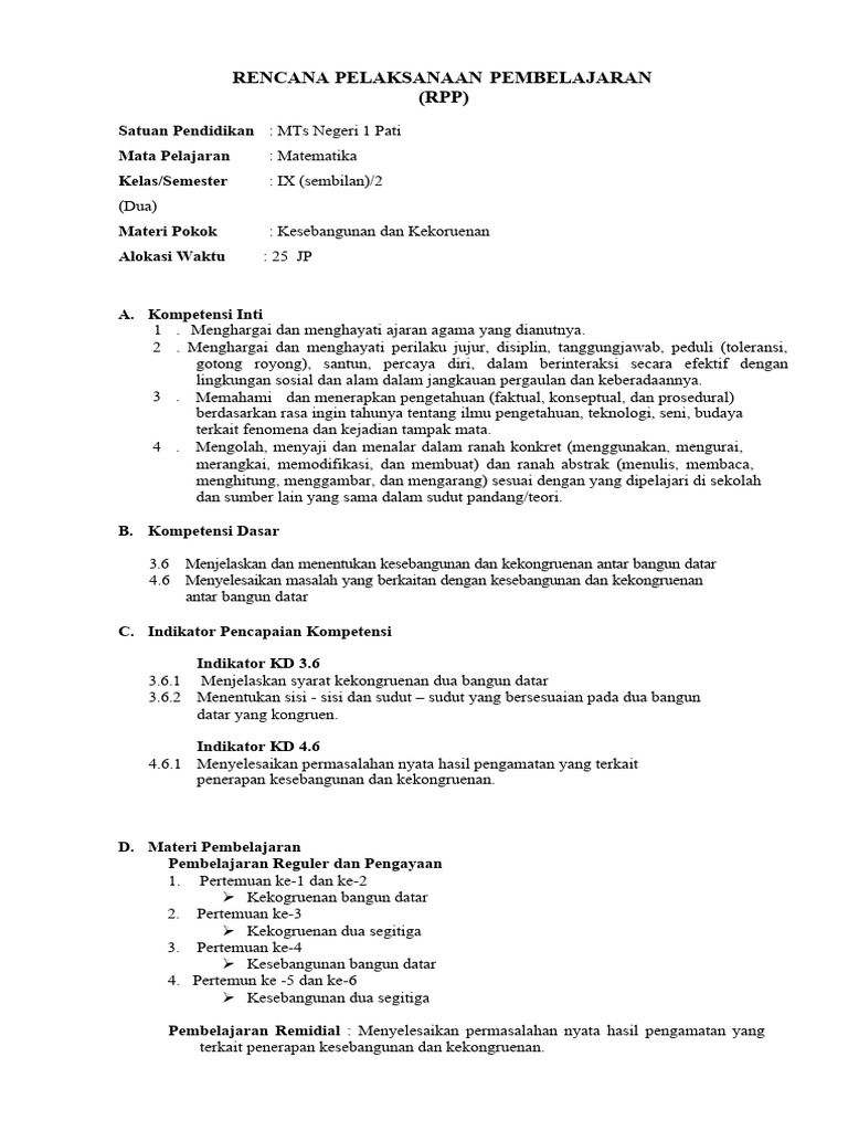 RPP Kekongruenan Dan Kesebangunan - IX | PDF | Seni | Sains & Matematika