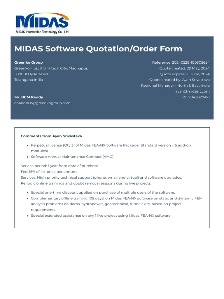 MIDAS Software Quotation - Greenko Group | PDF | Elasticity (Physics ...