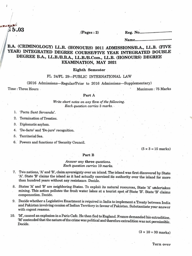 Public International Law Previous Question Papers | PDF | International ...