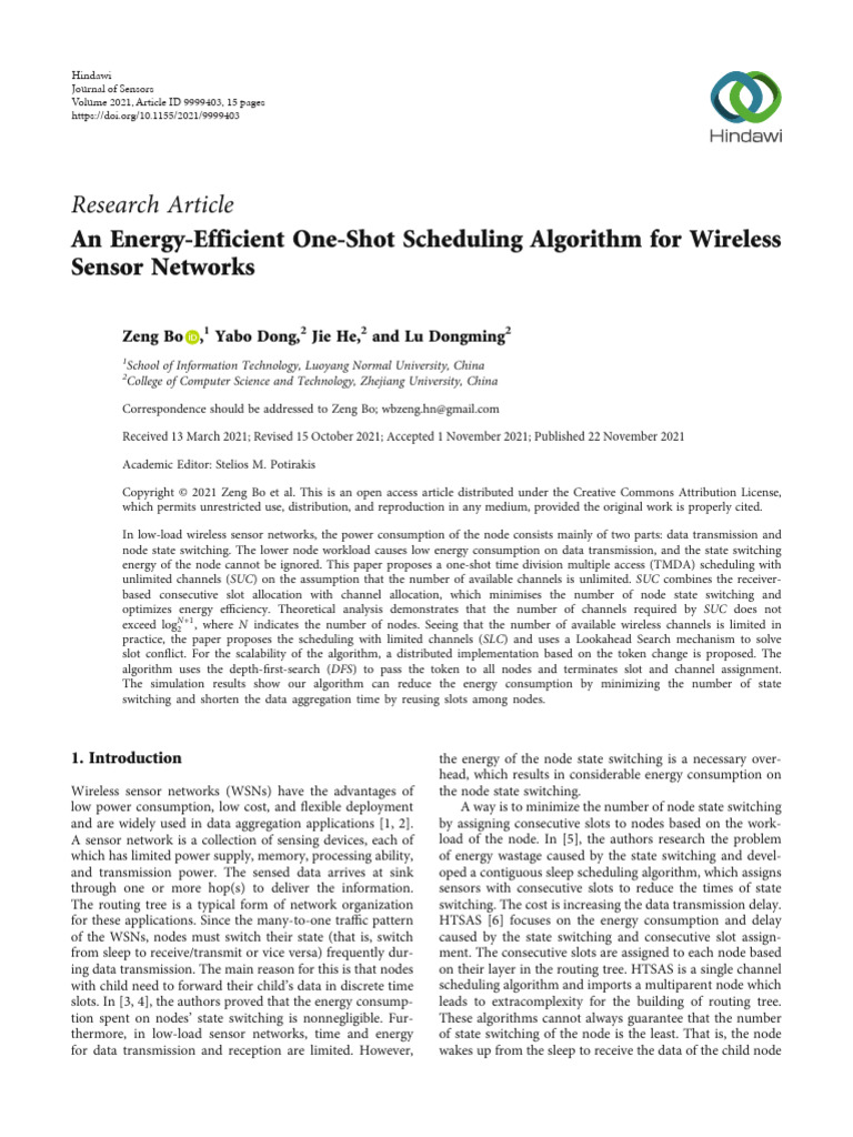 An Energy-Efficient One-Shot Scheduling Algorithm For Wireless Sensor Networks | PDF | Wireless ...