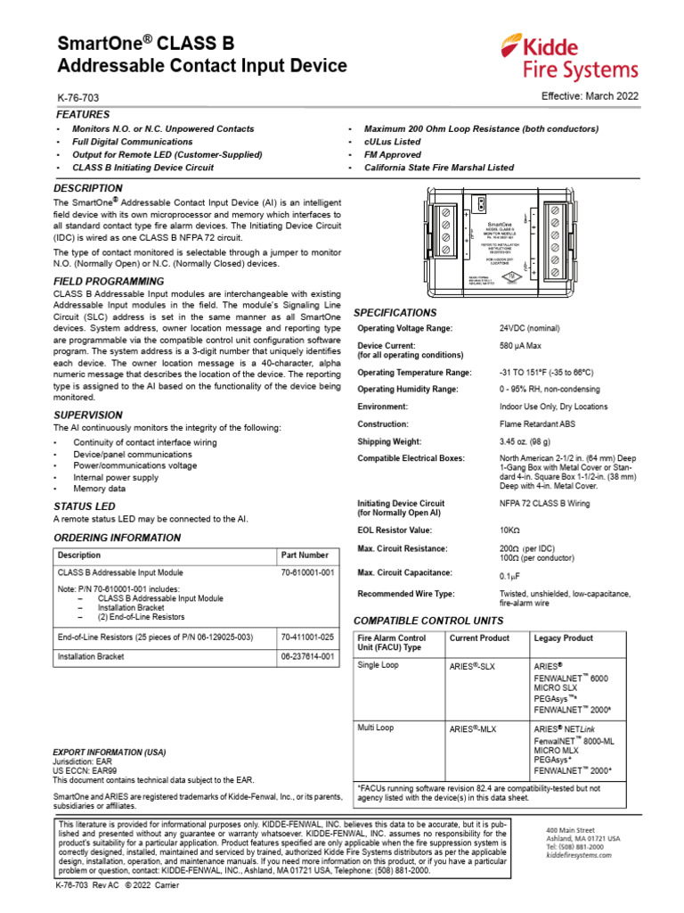 Kidde Addressable Contact Input Device | PDF | Input/Output | Switch
