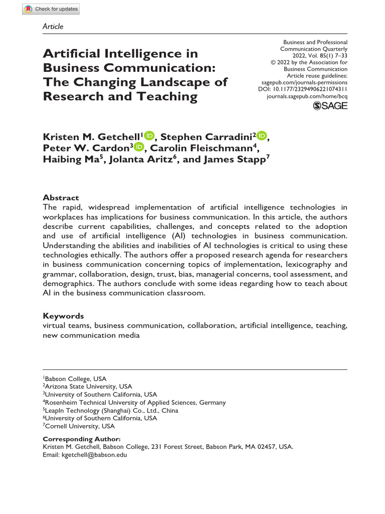 Getchell Et Al 2022 Artificial Intelligence in Business Communication ...