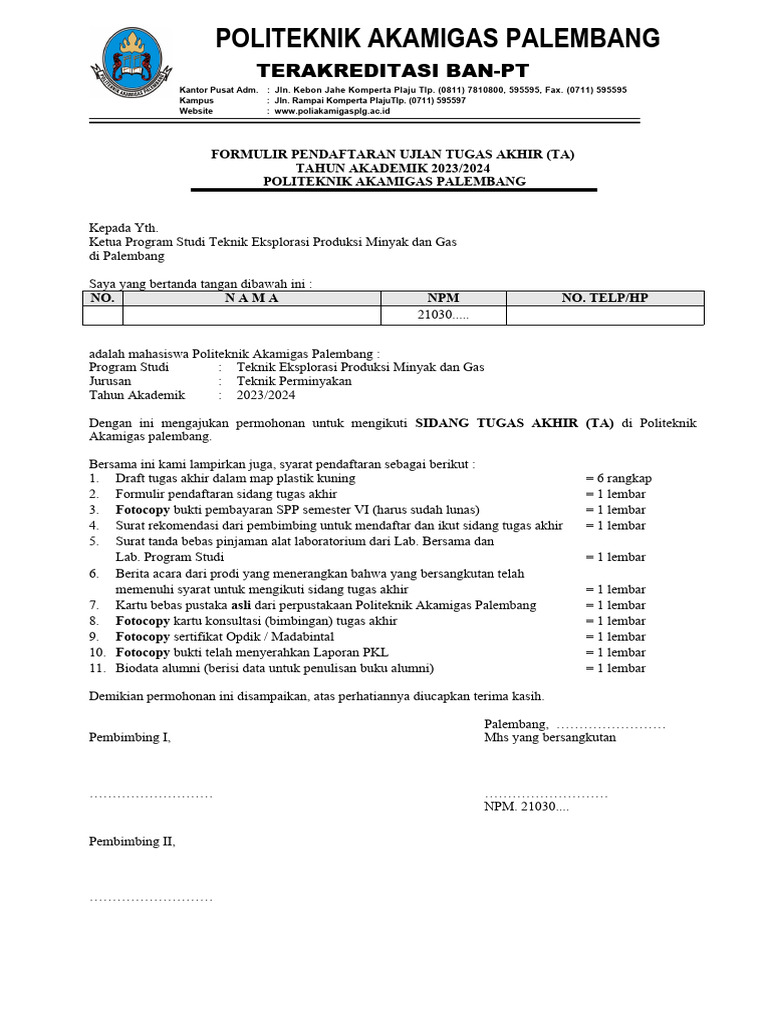 Formulir Pendaftaran Sidang Ta | PDF