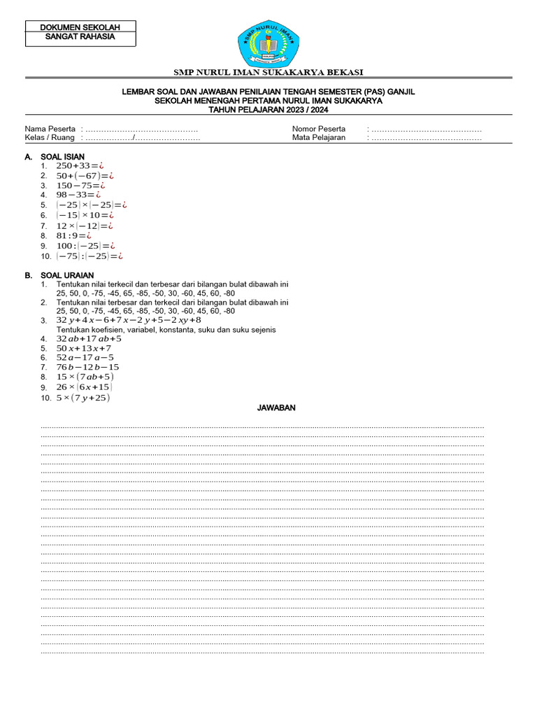 Lembar Soal PTS - MTK 7 | PDF