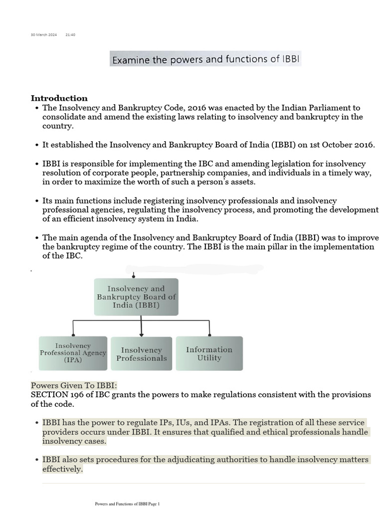 Powers and Functions of IBBI | PDF | Insolvency | Bankruptcy