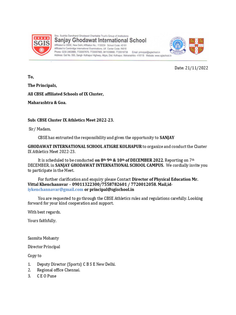 Cbse Cluster Invitation 2024 | PDF | Sports & Recreation