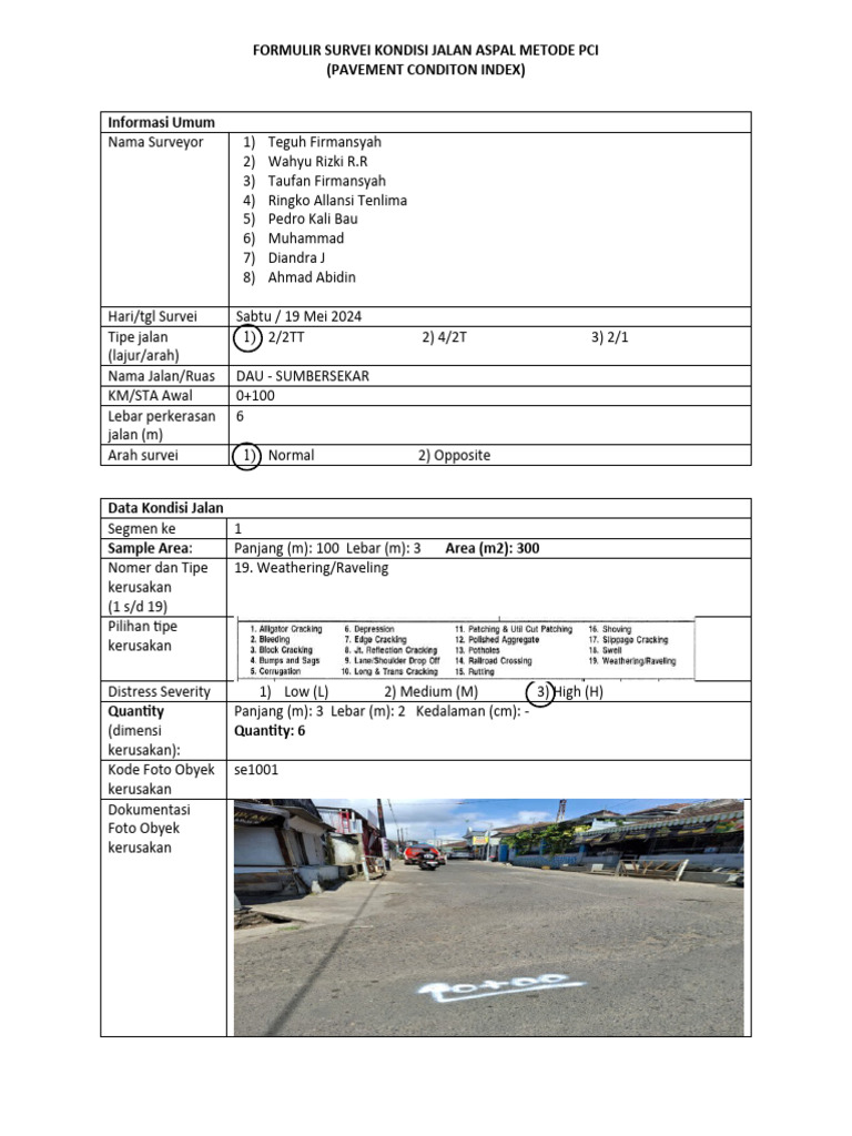 Formulir Survei PCI - Form S1 Arah Normal Rev 1 | PDF