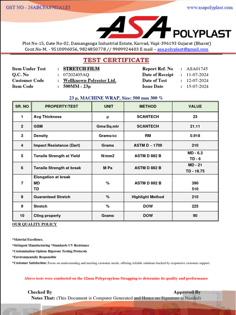 Stretch Film Test Certificate ASA01745 | PDF | Materials Science ...