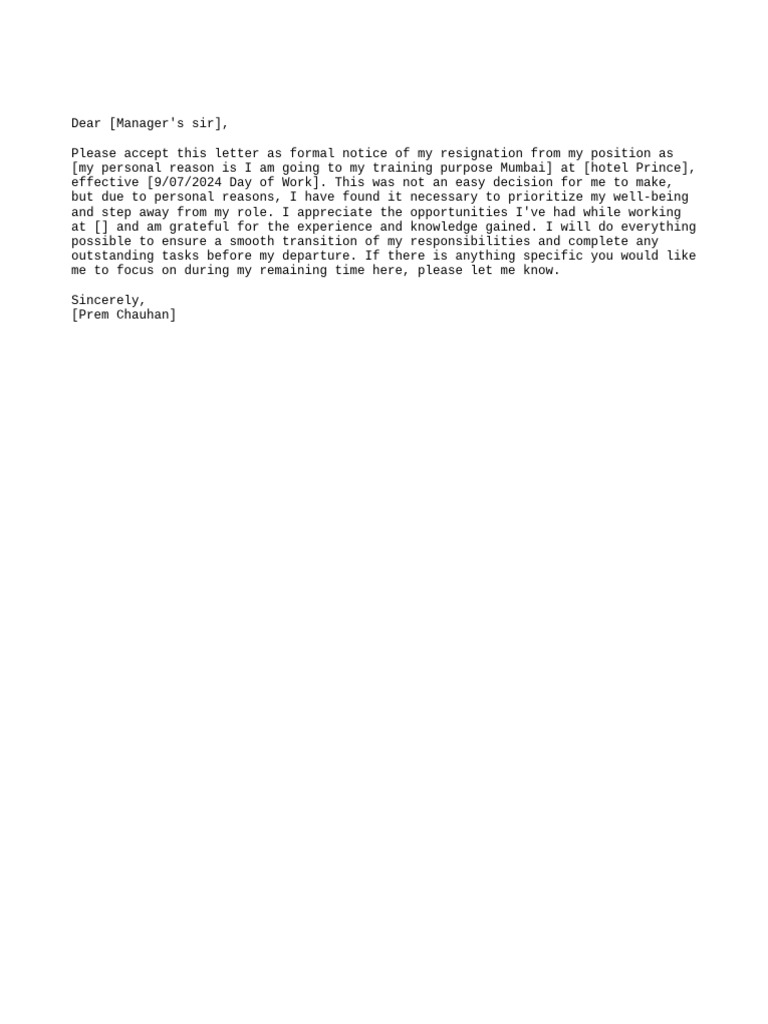 Resignation Letter for Training Purpose | PDF