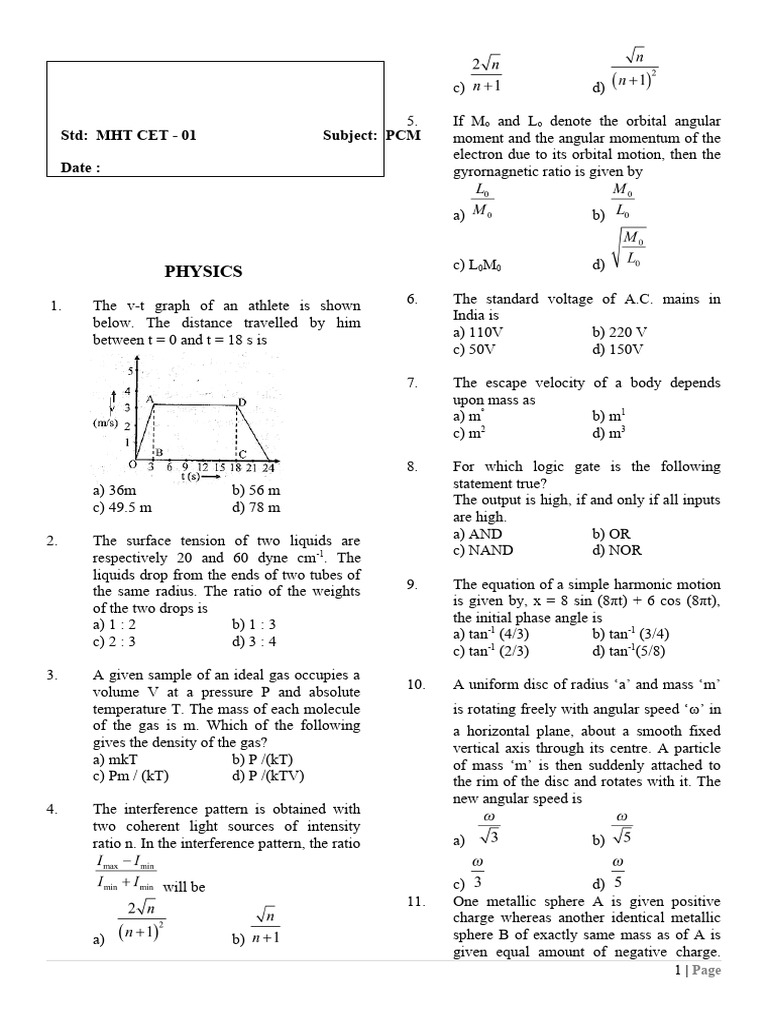 MHT CET PCM QP -01 | PDF | Magnetic Field | Adsorption