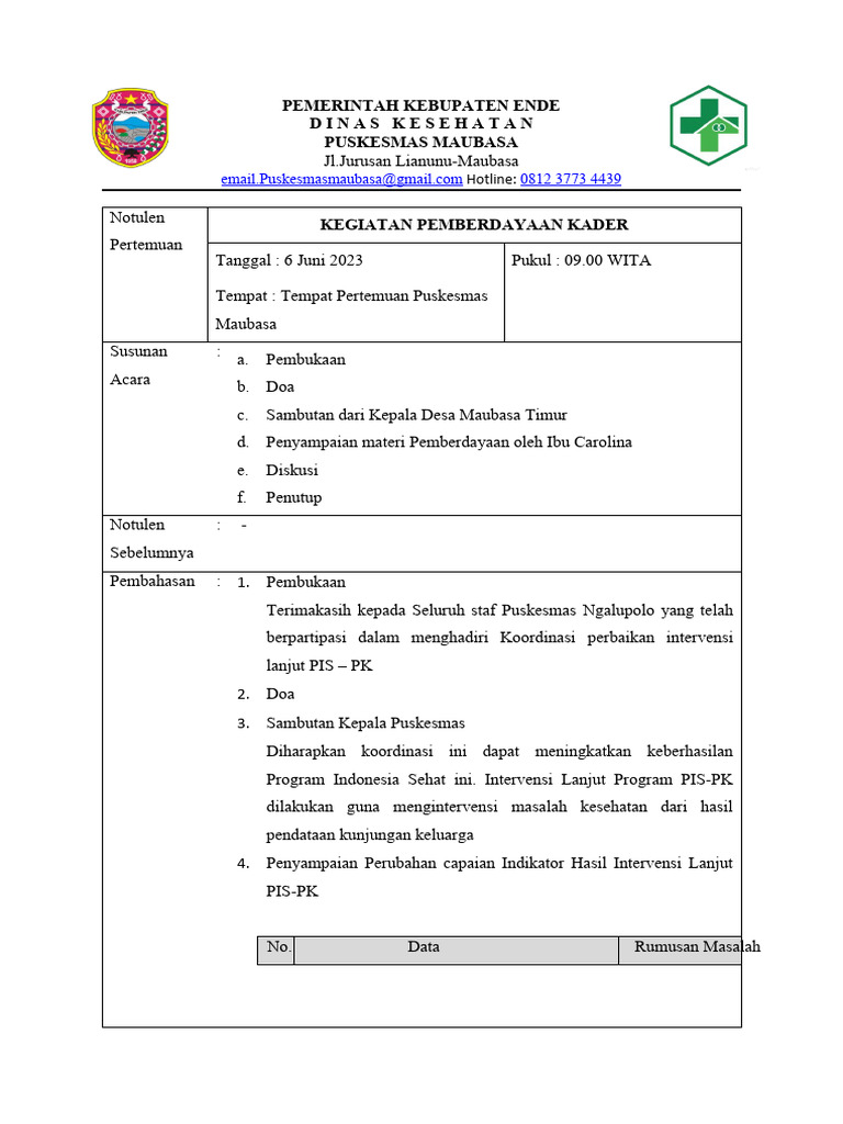 Notulen Kegiatan Pemberdayaan Kader | PDF