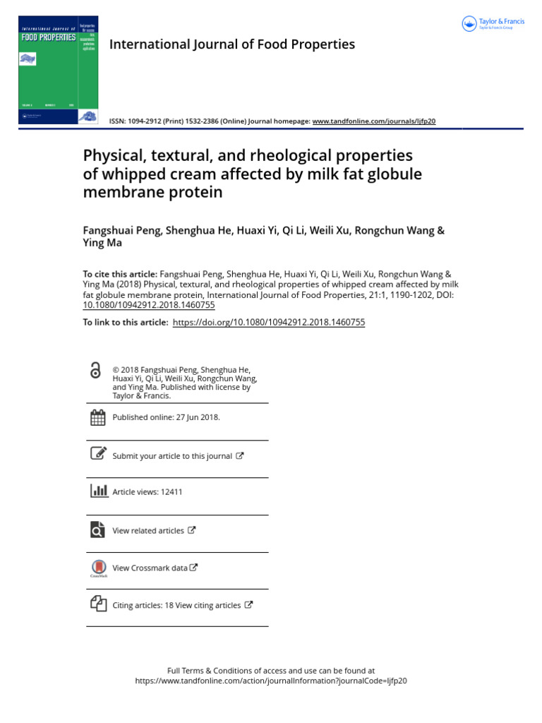 Physical Textural and Rheological Properties of Whipped Cream Affected by Milk Fat Globule ...