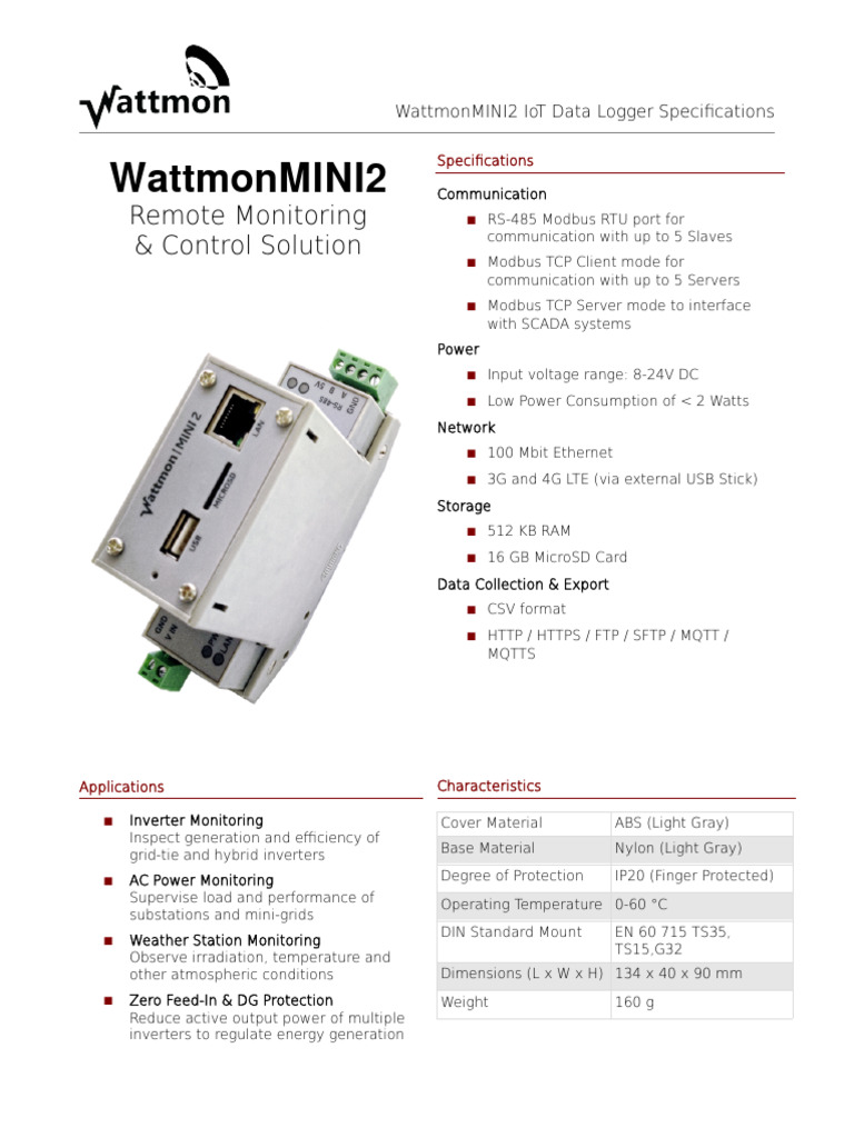 WattmonMINI2 Spec Sheet | PDF | Telecommunications | Data Transmission