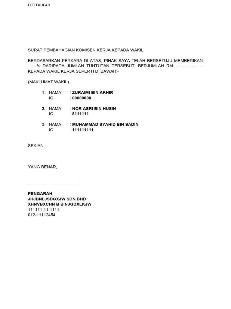 Surat Pembahagian Komisen Sample | PDF