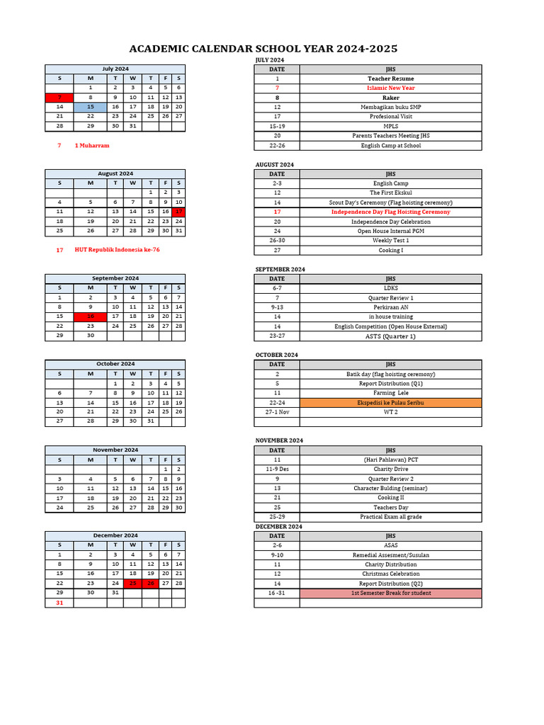 Academic Calender JHS 2024-2025 | PDF | Observances | Religious Holidays
