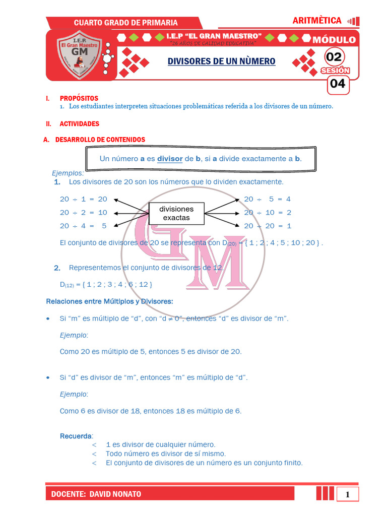 4M - DIVISORES DE UN NUMERO - 4to Grado | PDF | Matemáticas