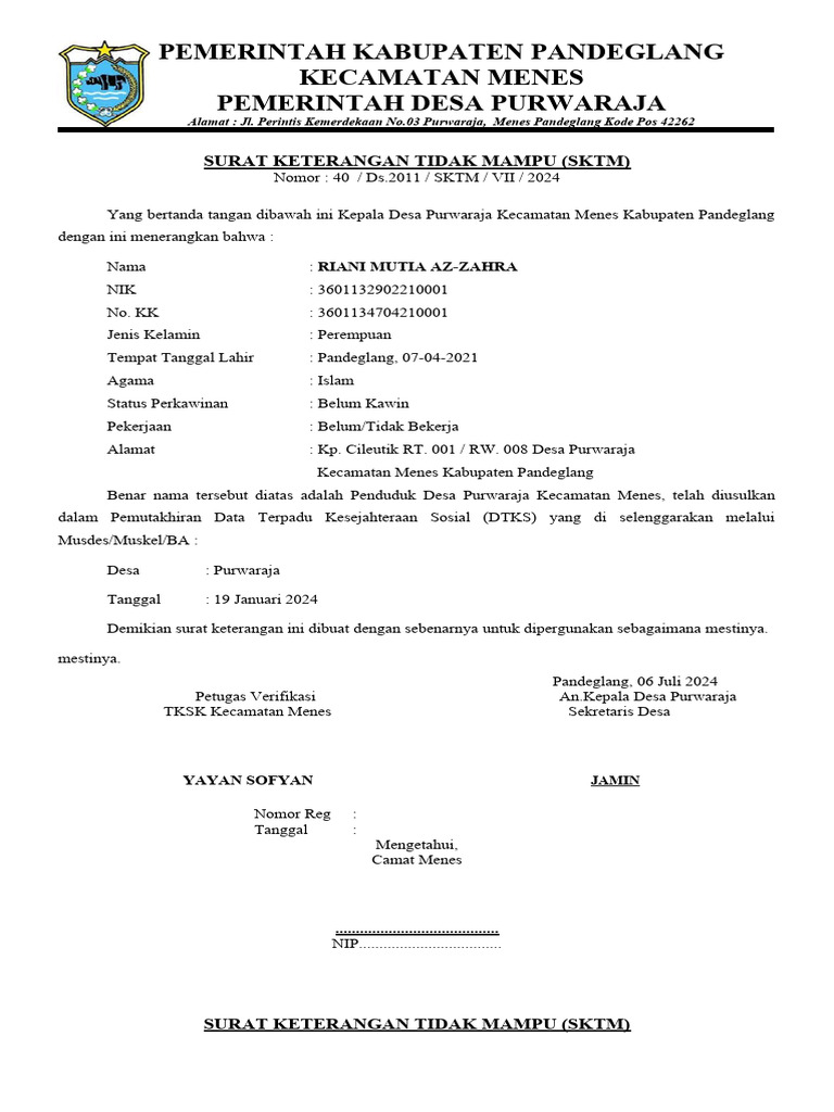 Surat Keterangan Tidak Mampu Sktm Desa Non Dtks Pdf