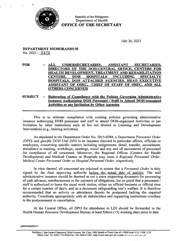 DOH DM No. 2023 0272 Reiteration of Compliance With The Policies ...