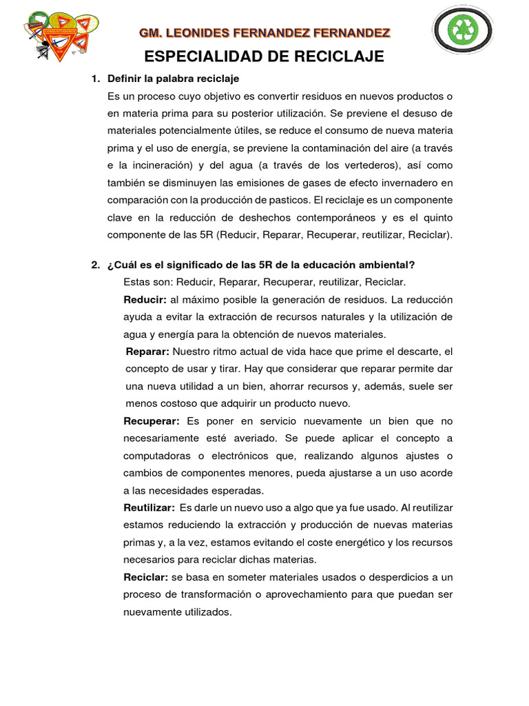 ESPECIALIDAD DE RECICLAJE | Descargar gratis PDF | Reciclaje | Residuos