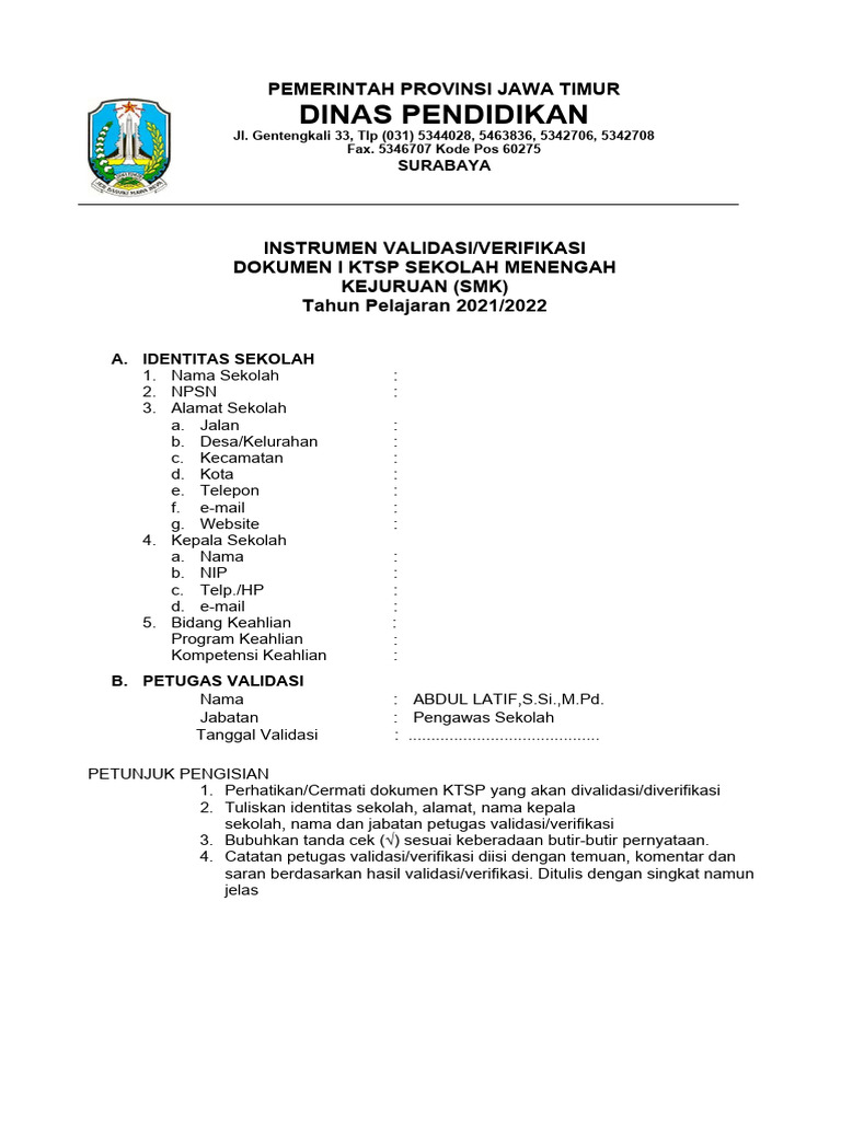 Instrumen Verifikasi - Validasi KTSP SMK 2021 | PDF
