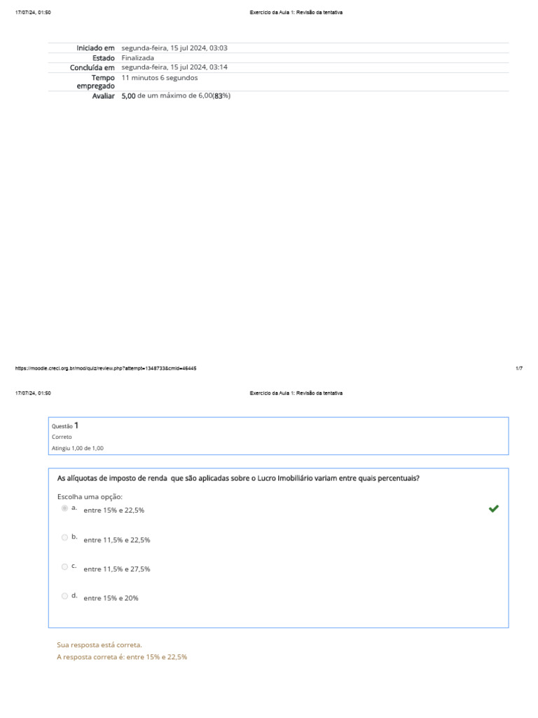 Lucro Imob Exercício Da Aula 1 - Revisão Da Tentativa | PDF | Imposto de Renda | Impostos