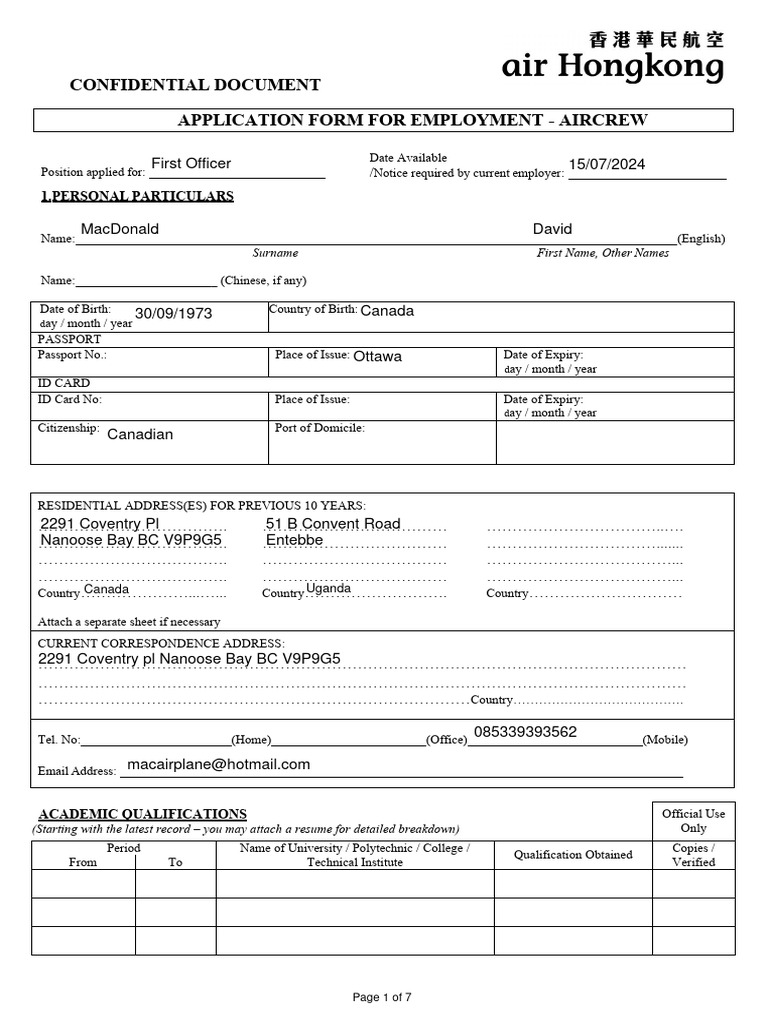 Confidential Document Application Form For Employment - Aircrew | PDF ...