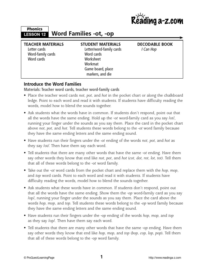 Lesson 12 Word Families -ot, -op | PDF | Phonics | Psycholinguistics